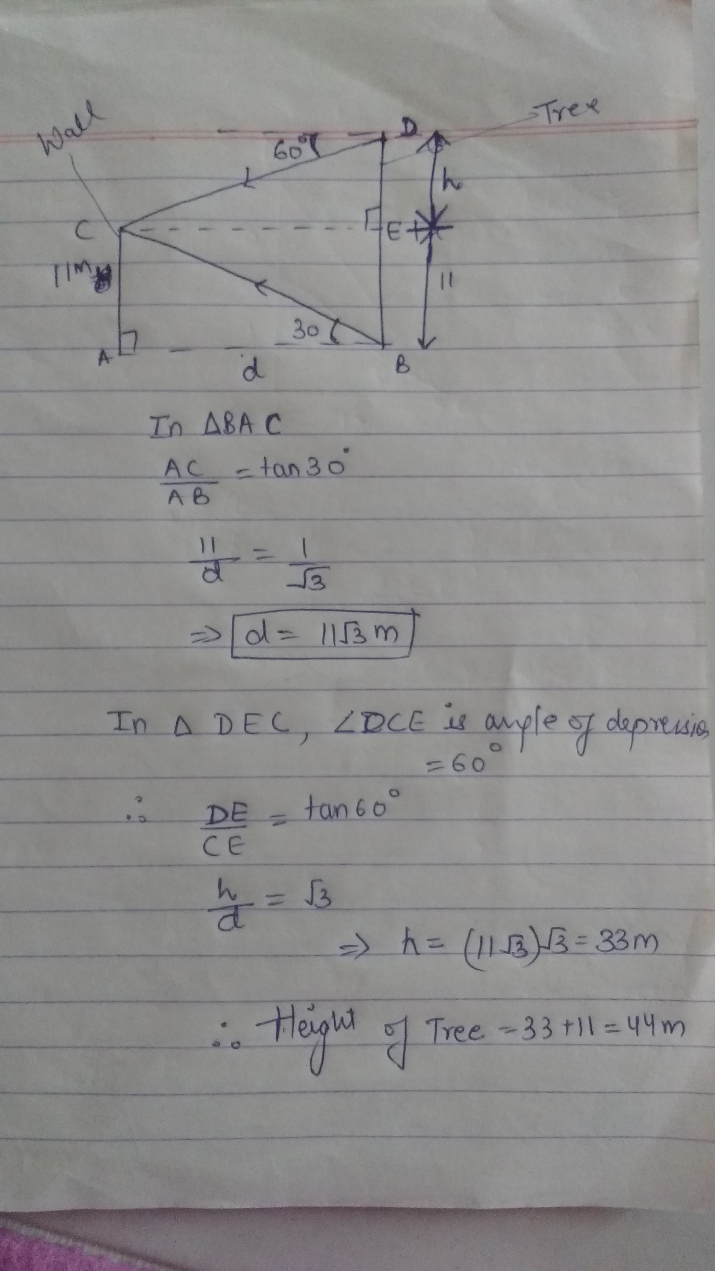 The angles of depression and elevation of the top of a wall 11 m high ...