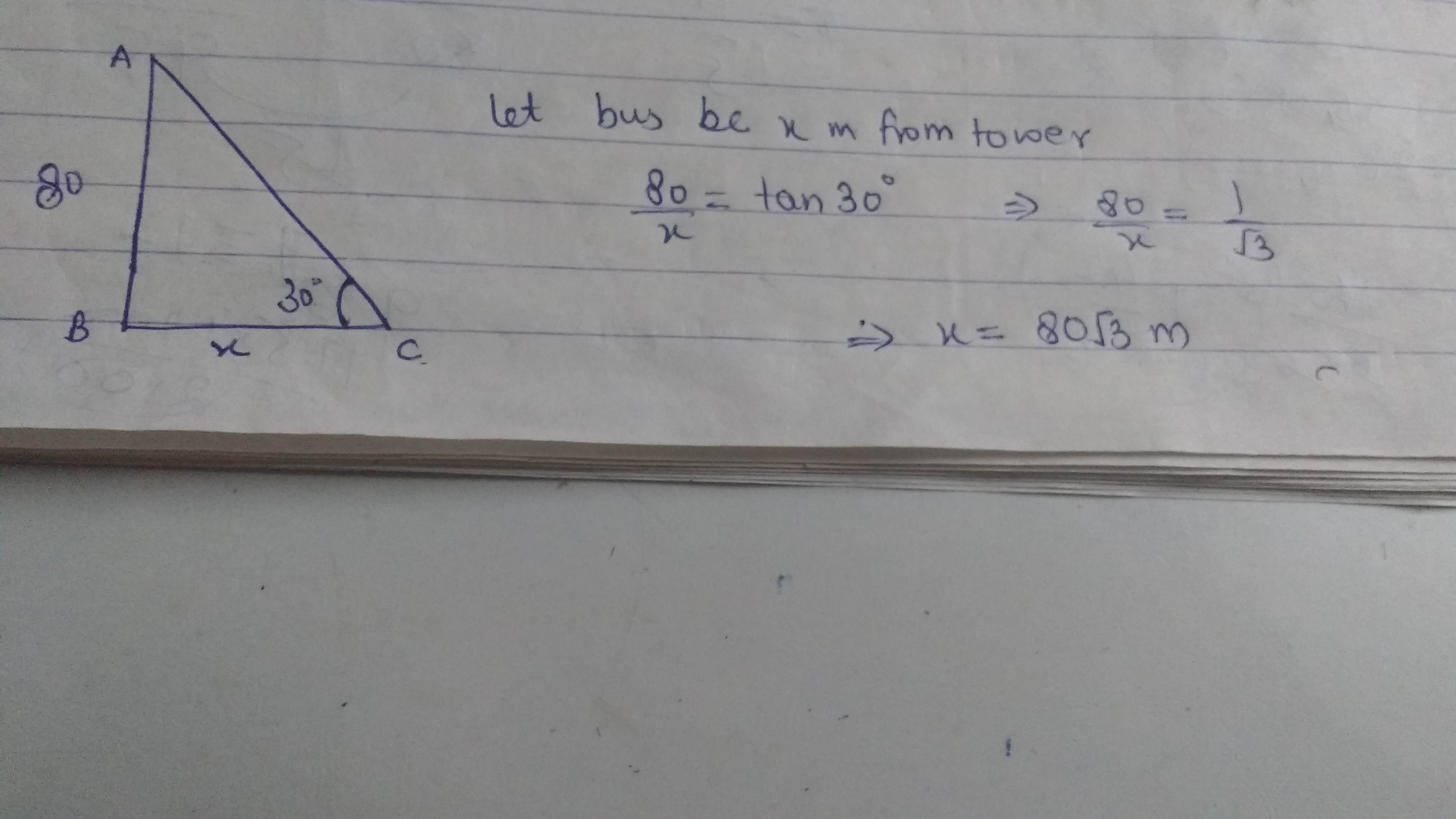 From a tower of 80 m high, the angle of depression of a bus is 30°. How ...