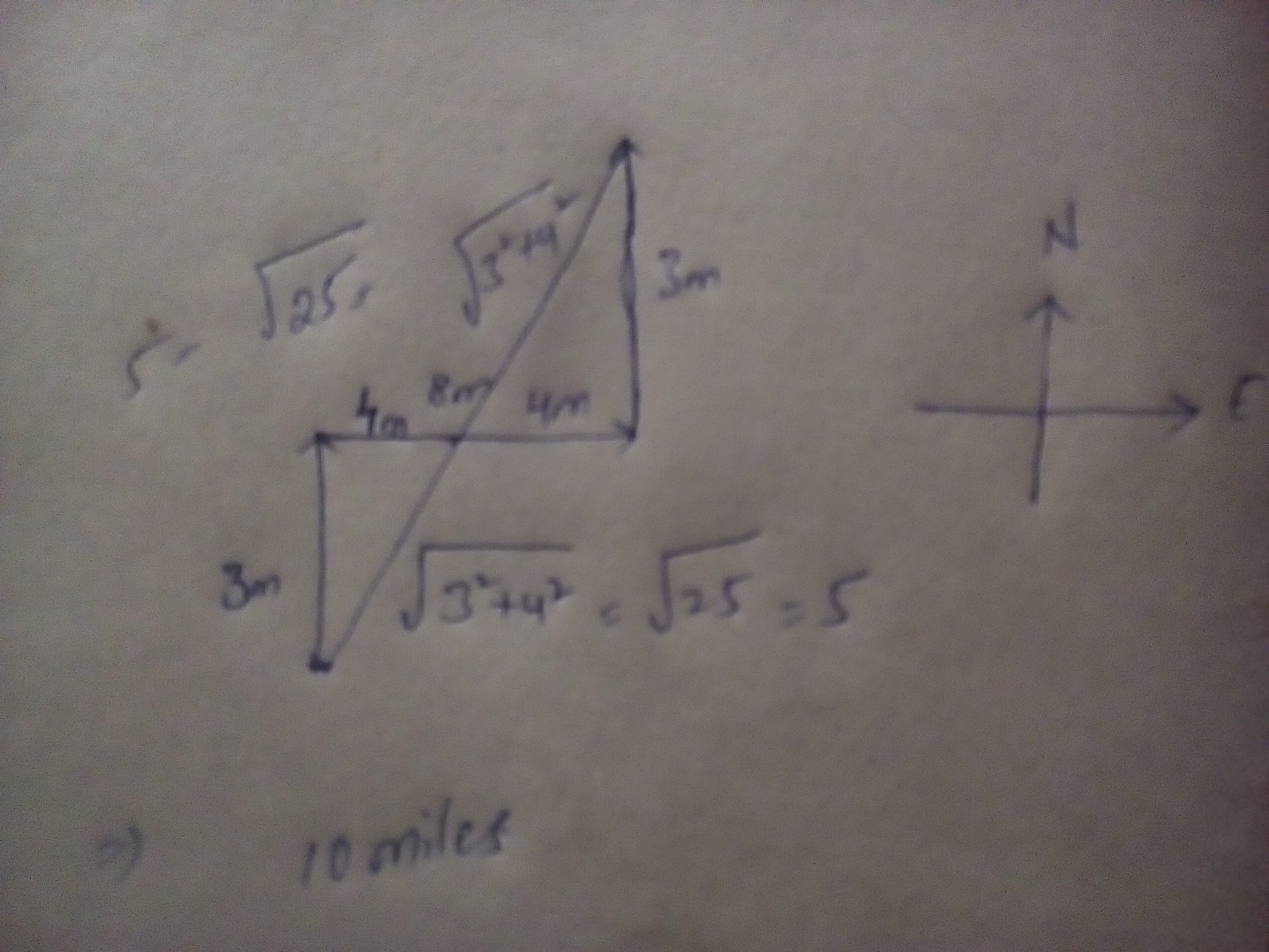 A man travels three miles due North, then travels eight miles due East ...