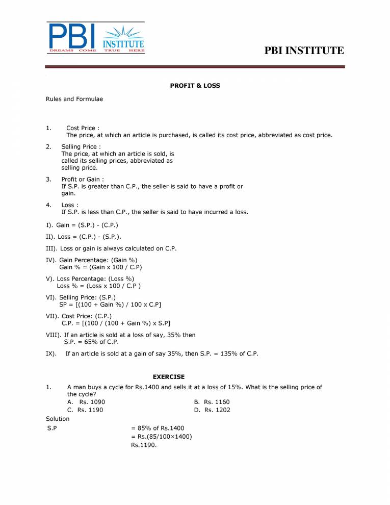 Math Topic - Profit & Loss - Notes - LearnPick India