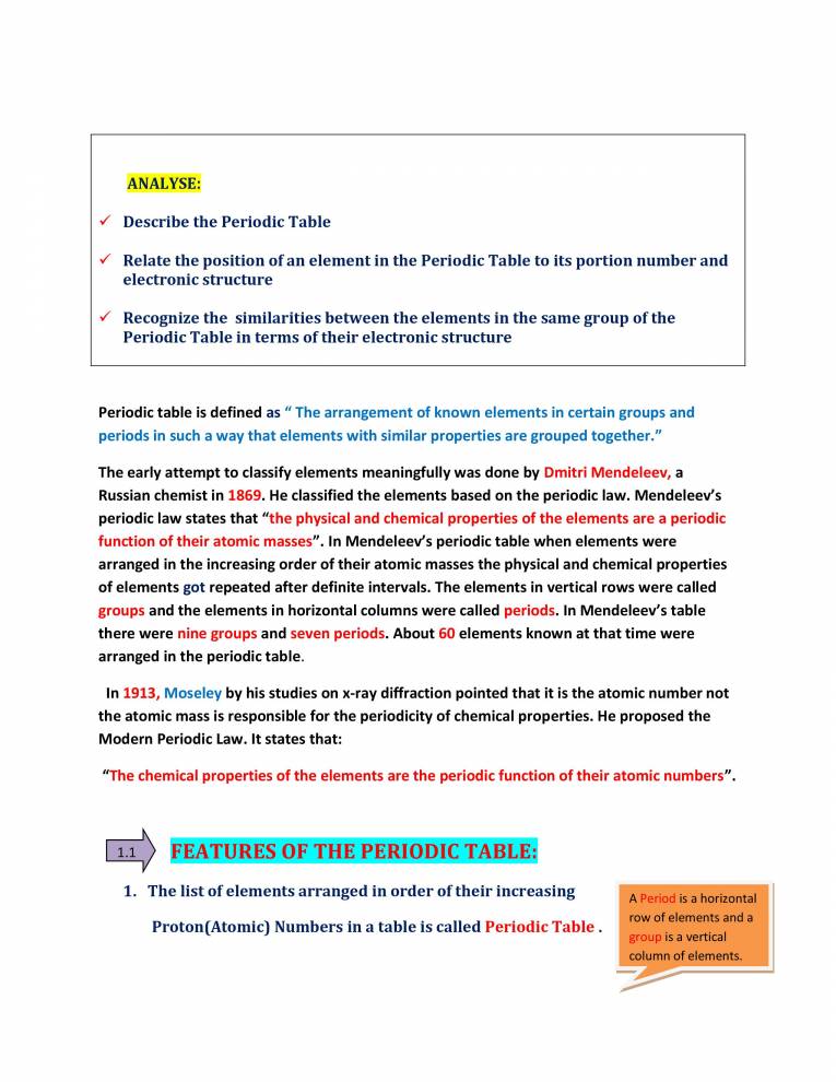 Periodic Table And Classification - Notes - LearnPick India