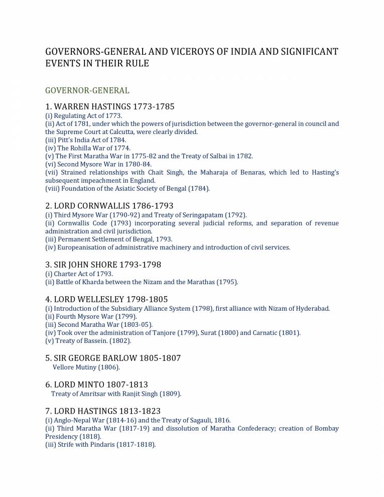 Indian Governors Generals And Viceroys - Notes - LearnPick India