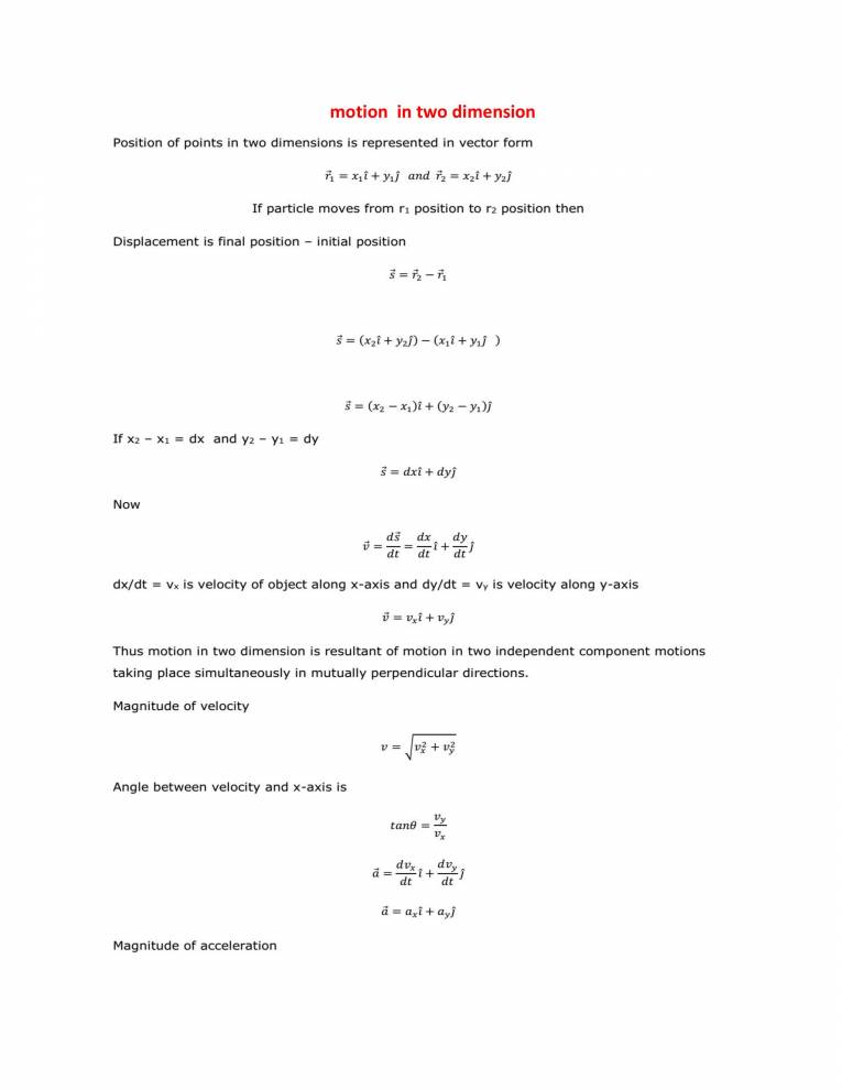 Motion In 2 Dimension - Notes - LearnPick India