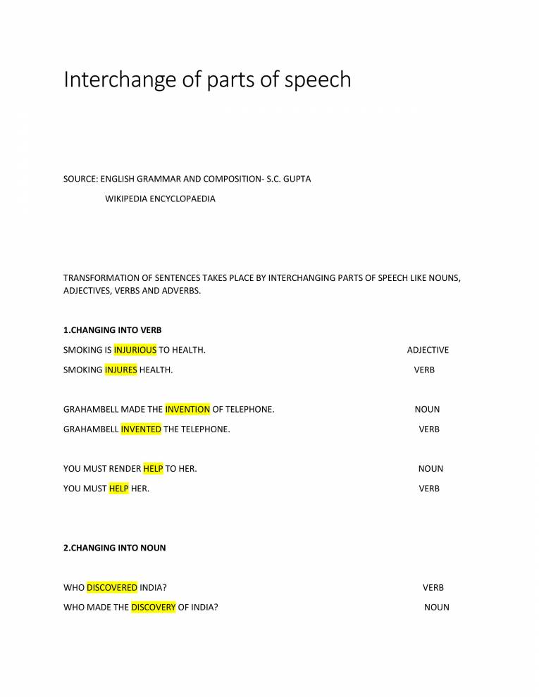 Interchange Of Parts Of Speech - Notes - LearnPick India