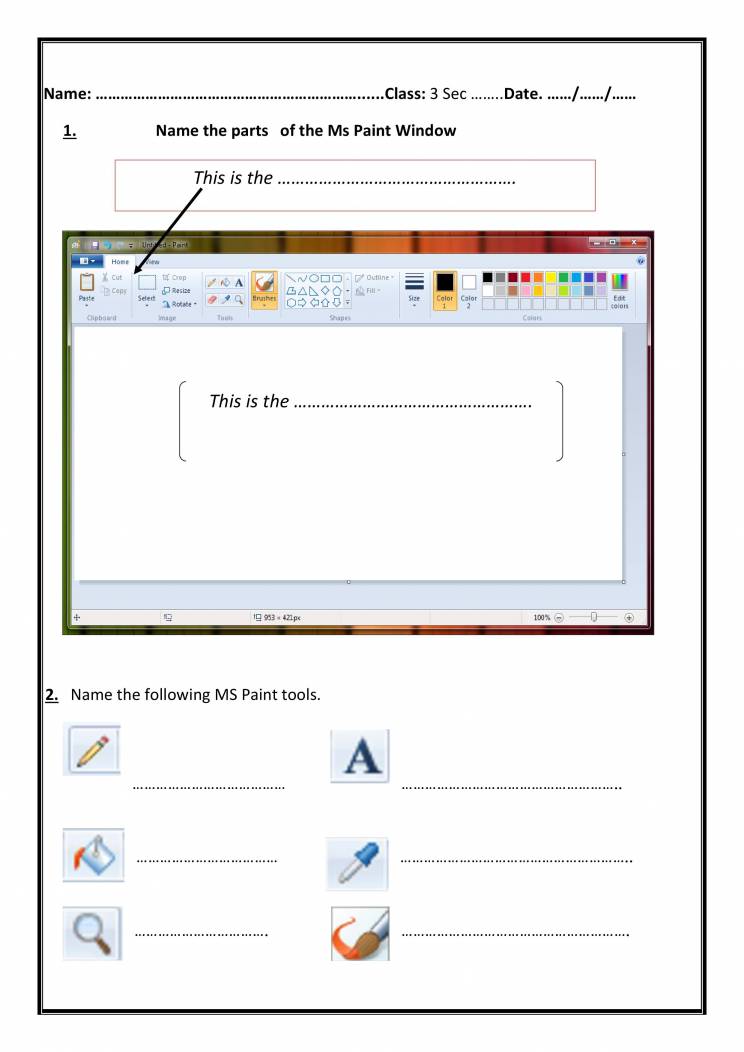 MS Paint Worksheet For Class 3 - Notes - LearnPick India MS Paint Worksheet For Class 3 - Notes - LearnPick India
