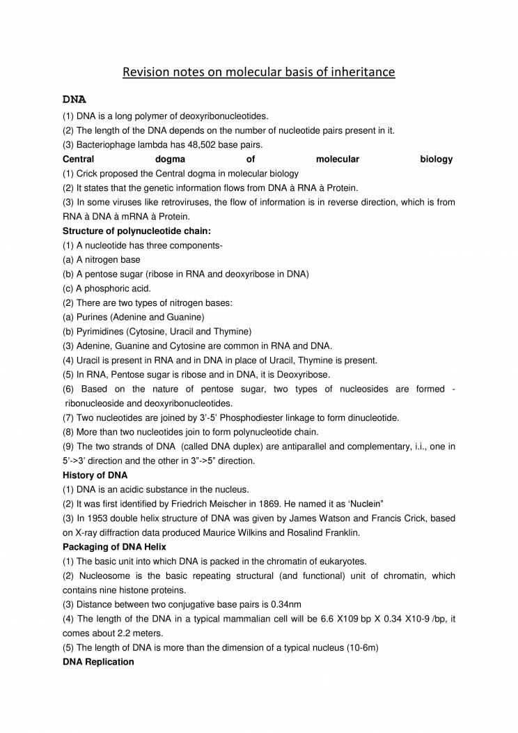 Biology - Molecular Basis Of Inheritance - Notes - LearnPick India