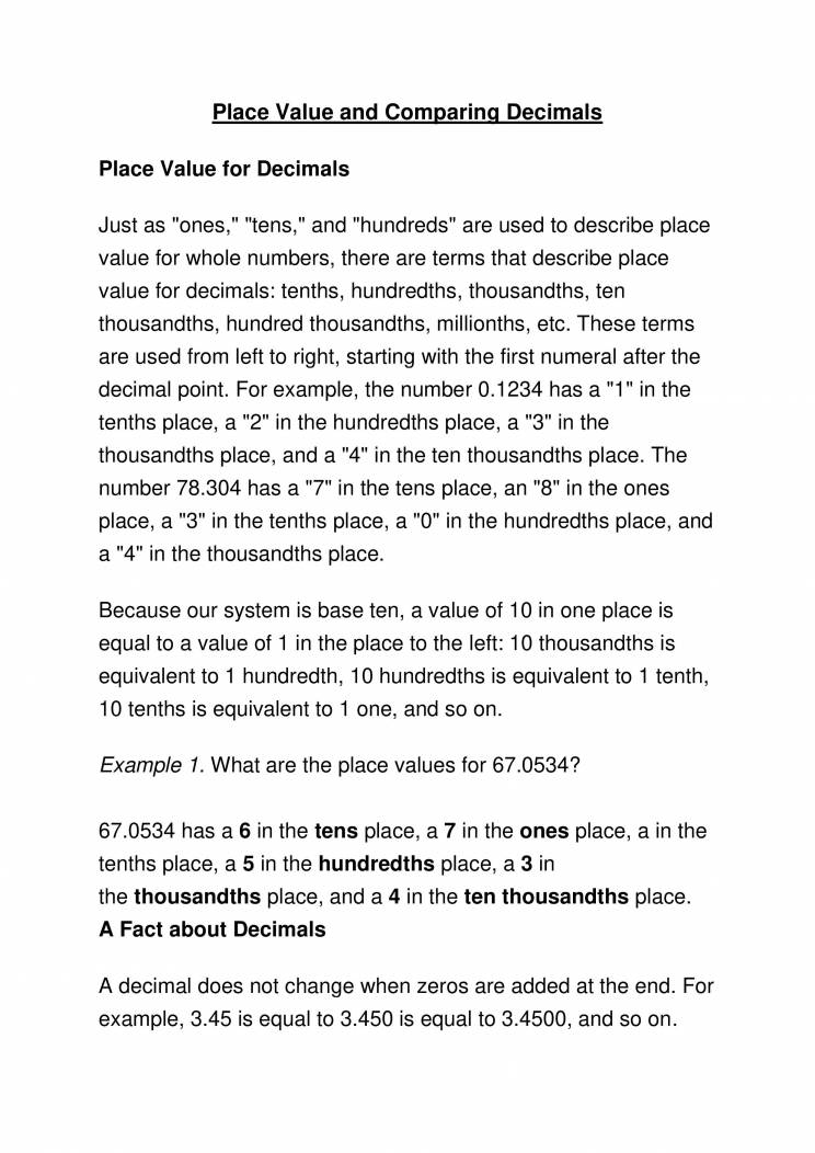 Mathematics - Place Value And Comparing Decimals - Notes - LearnPick India