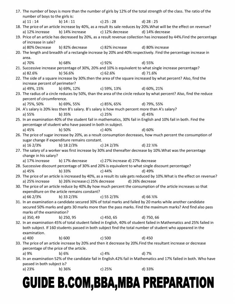 PERCENTAGE PRACTICE SET FOR MAT/CAT/BANK P.O. - Notes - LearnPick India