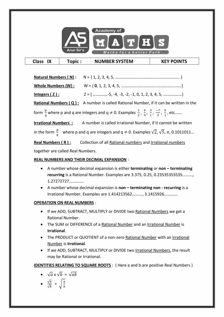 Topic: Number System, Class IX - Notes - LearnPick India