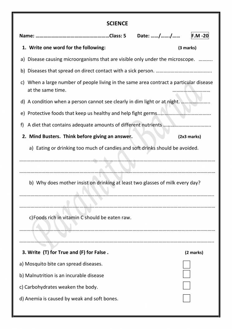 A Worksheet For Class 5 On Health And Diseases - Notes - LearnPick India