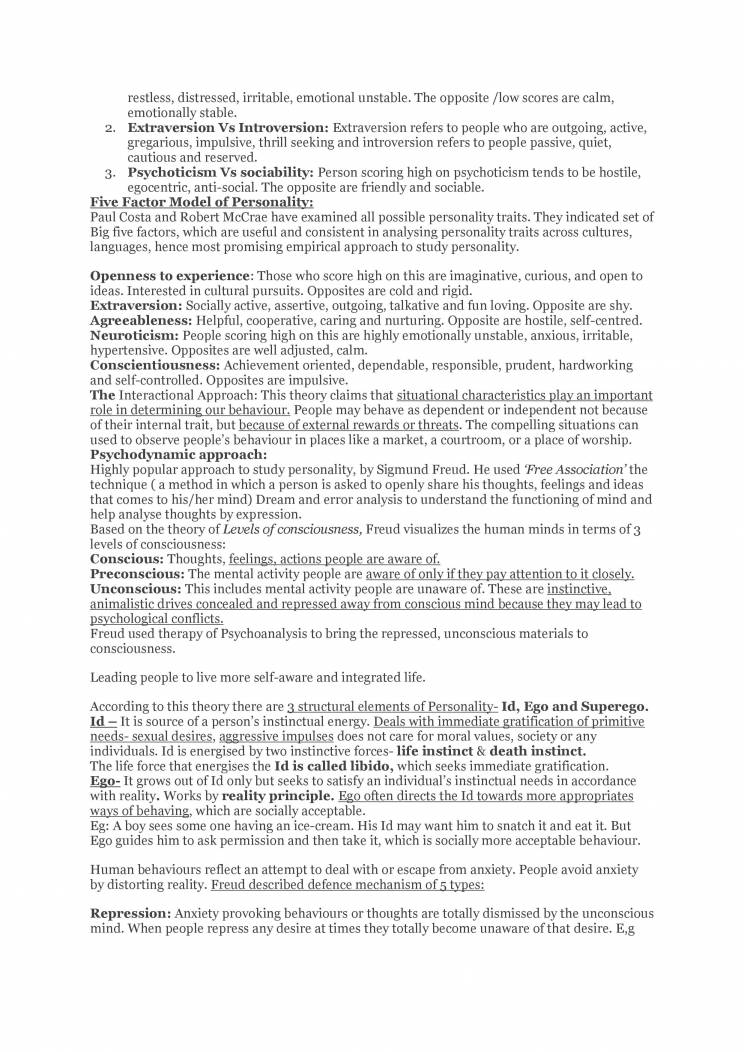 Self And Personality Notes - Notes - LearnPick India