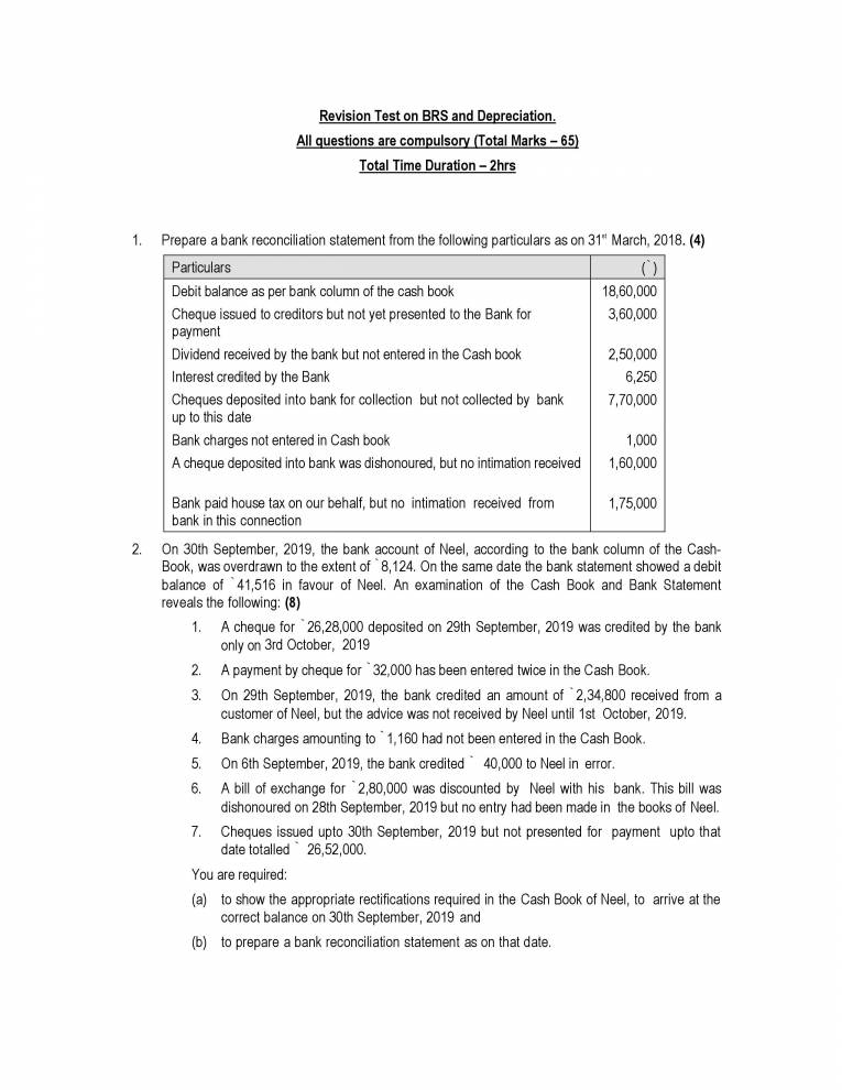Notes On Question Set For Depreciation And BRS - Notes - LearnPick India