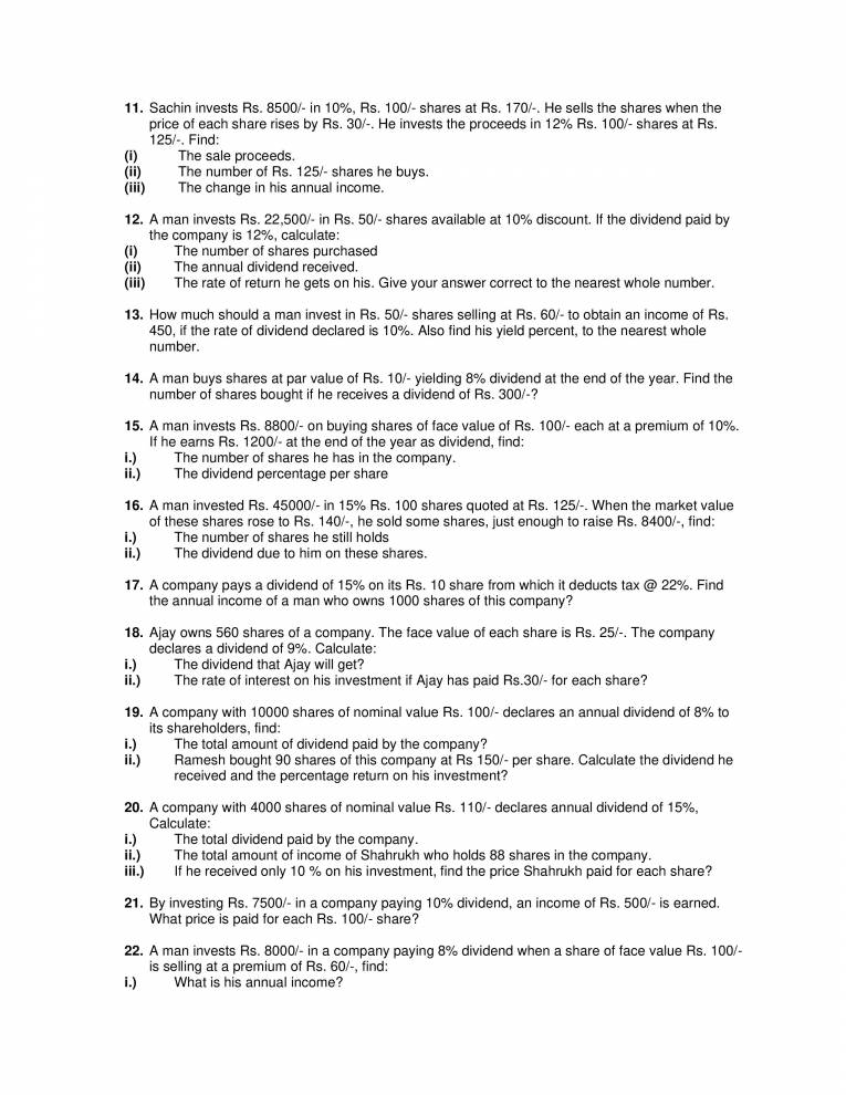 Notes On Shares And Dividends Practice Questions Notes Learnpick India