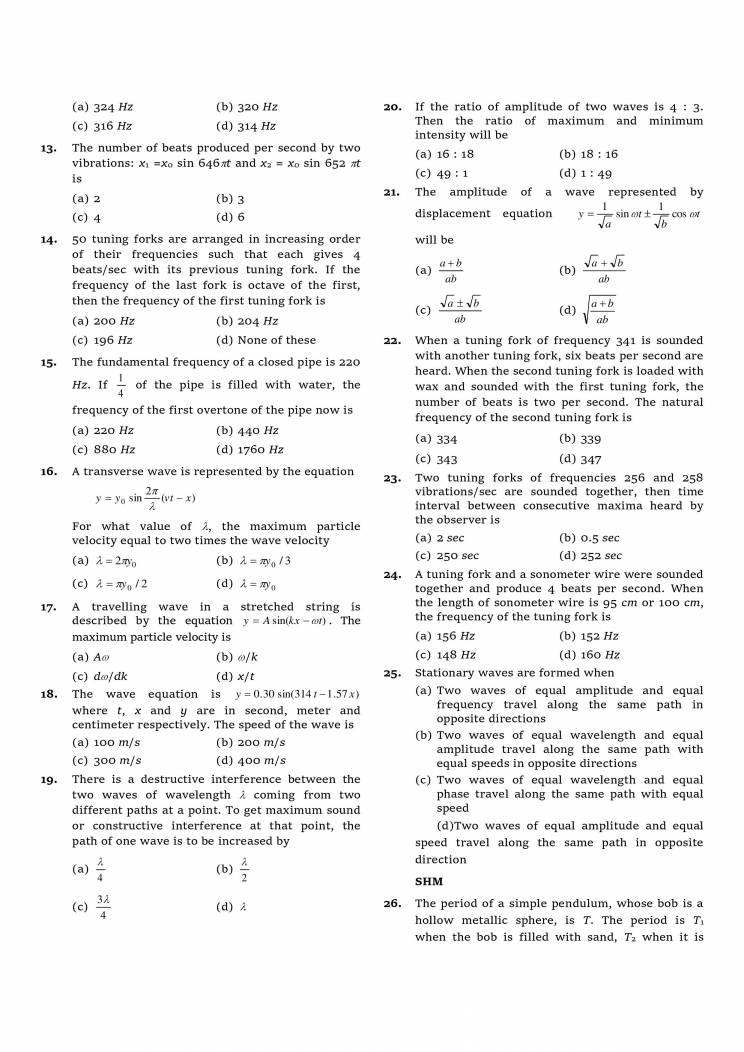 Notes On Practice Set For NEET/JEE Aspirants Topic: SHM And Wave Motion ...