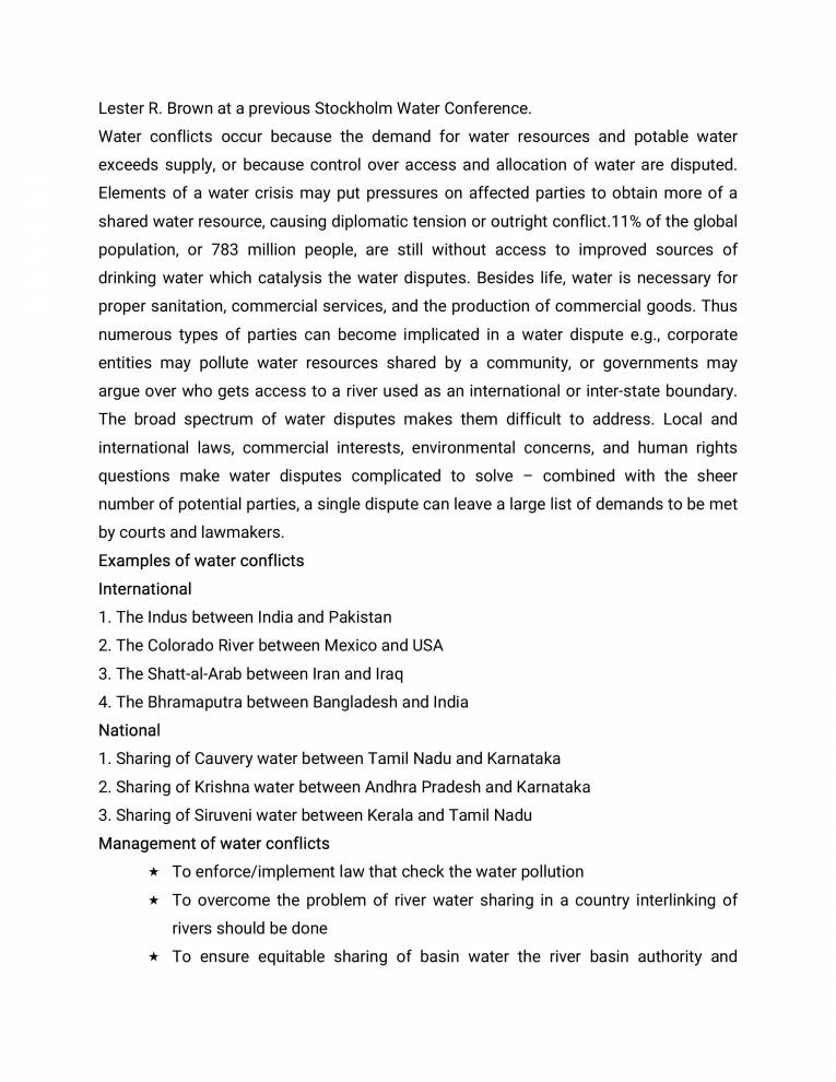 Notes On Conflict Over Water - Notes - LearnPick India