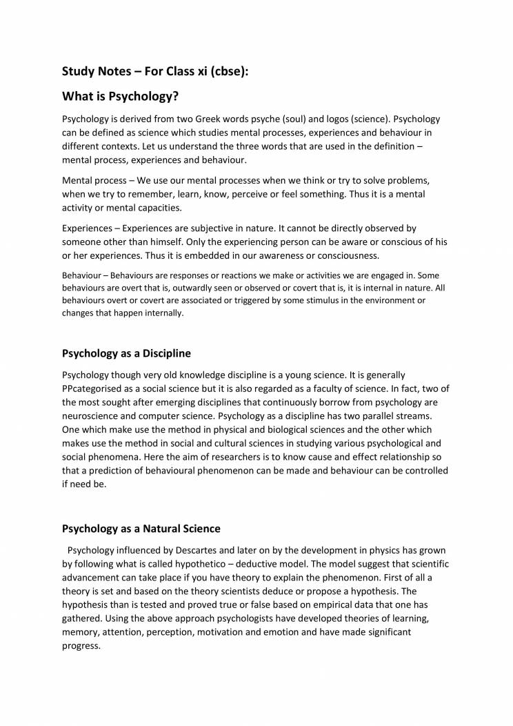 What Is PsychologyPsychology?- Notes For CBSE Class XI - Notes ...