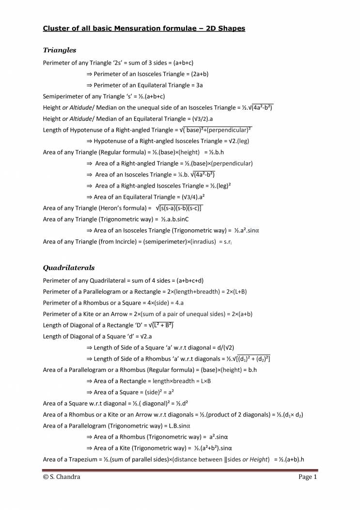 Notes On Cluster Of Basic Mensuration Formulae (2D) - Notes - LearnPick ...