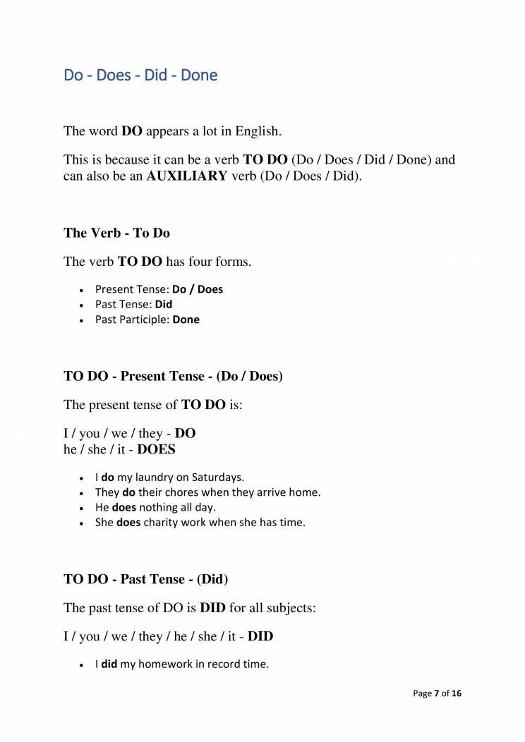 All About Do, Does, Did, Done, Don't - Notes - LearnPick India