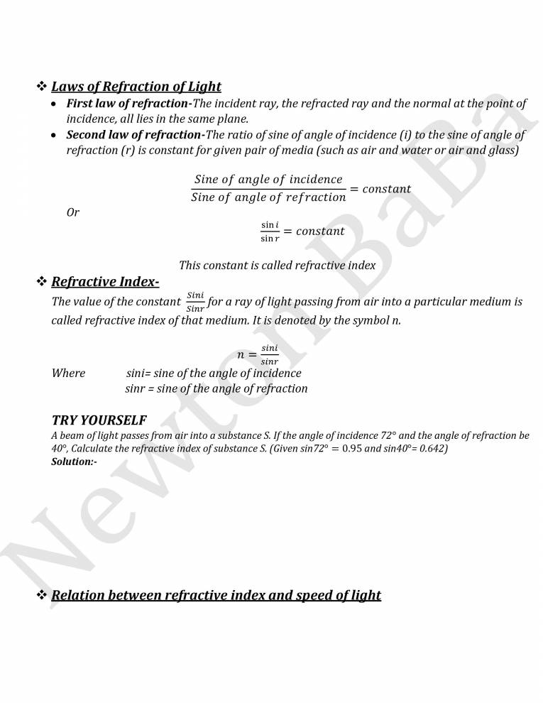 Refraction Of Light I CBSE CLASS 10 I LIGHT - Notes - LearnPick India