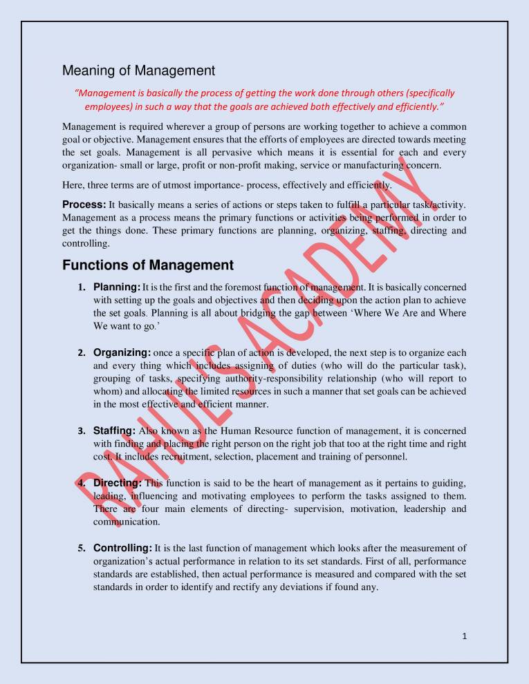 Notes On Nature And Significance Of Management - Notes - LearnPick India