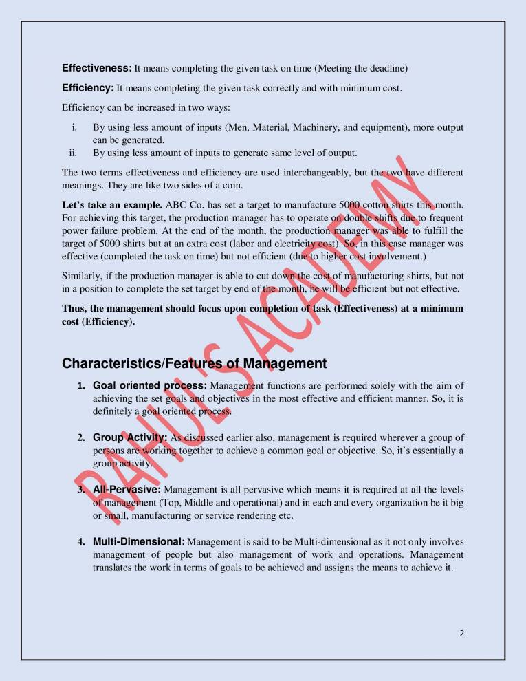 Notes On Nature And Significance Of Management - Notes - LearnPick India