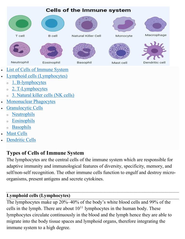 Notes On Cells Of Immune System - Notes - LearnPick India