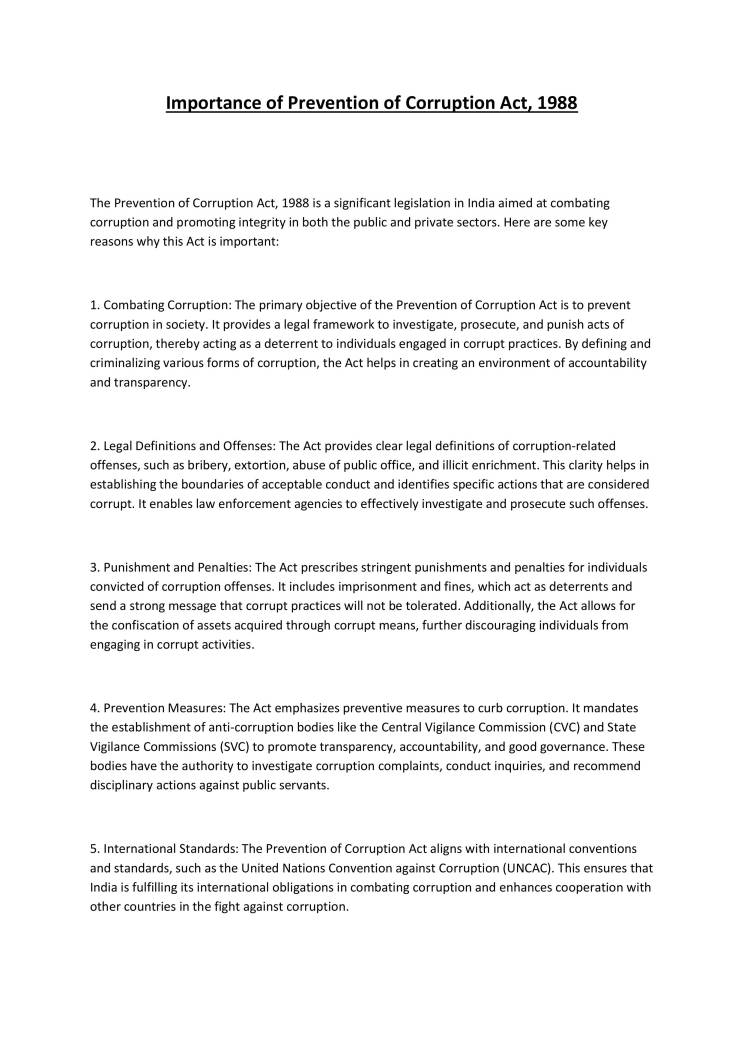 Importance Of Prevention Of Corruption Act, 1988 - Notes - LearnPick India