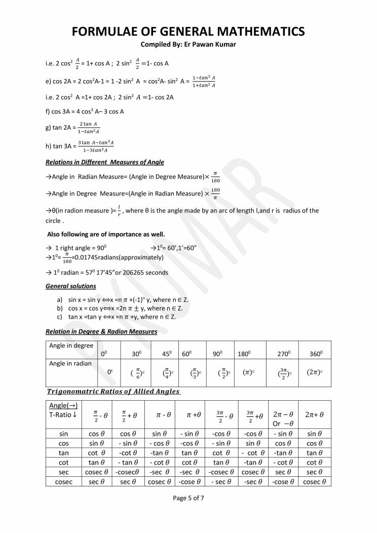 General Formula Of Methematics - Notes - LearnPick India