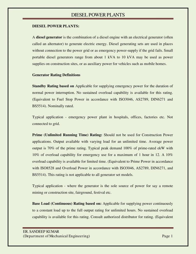 Diesel Power Plants - Notes - LearnPick India