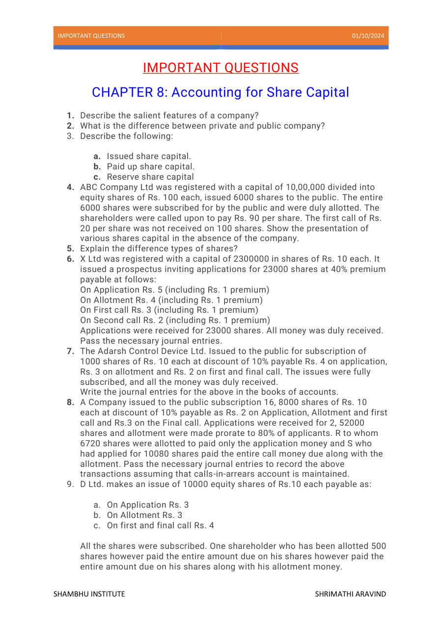 Important Questions Chapterwise - Notes - LearnPick India