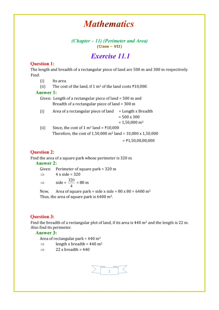 Area and perimeter class 7th icsc board type 1 - Notes - LearnPick India