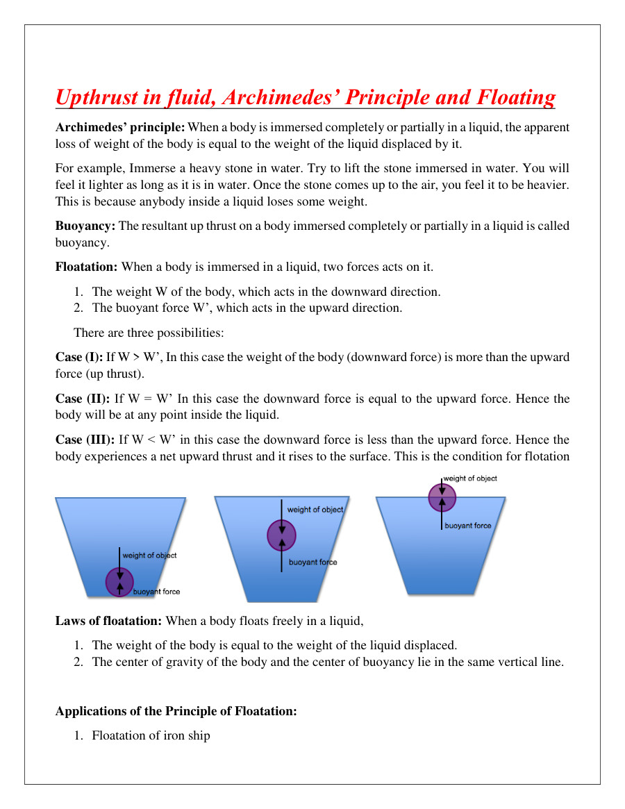 Chapter 5 - Upthrust in fluids - Notes - LearnPick India