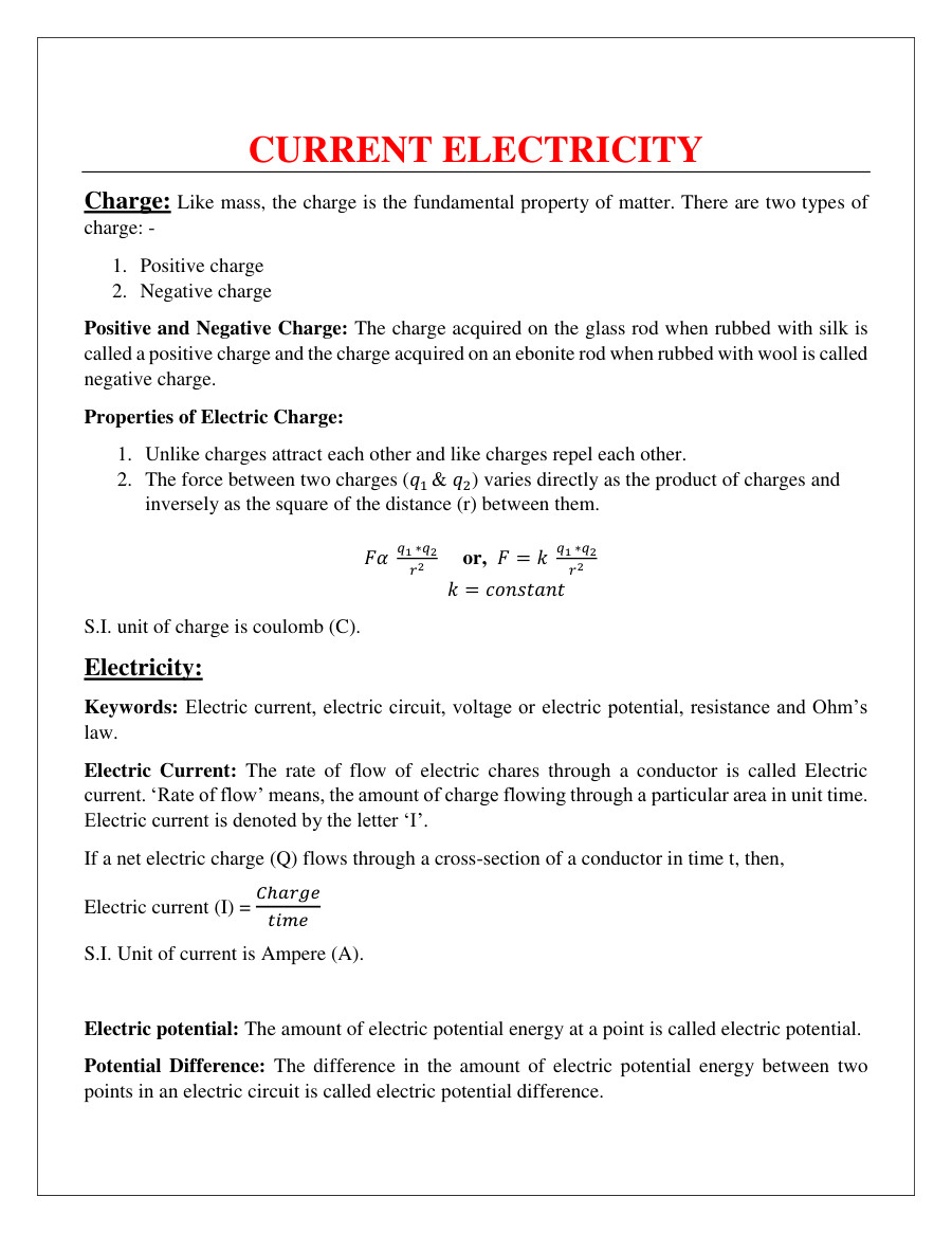 Chapter 9 - Current Electricity - Notes - LearnPick India