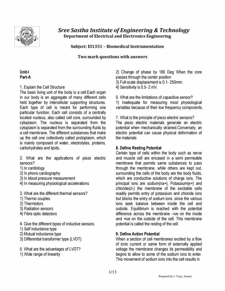 Biomedical Instrumentation For B.E Electrical And Electronics - Notes ...