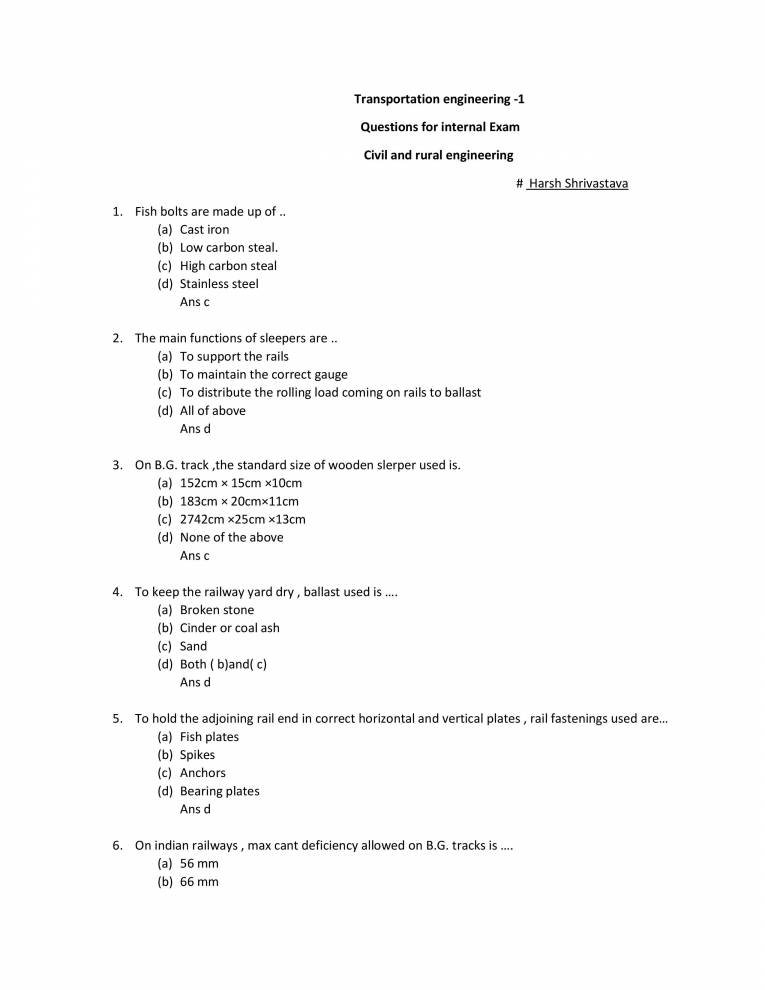 Transportation Engineering - Most Important Objective Questions - Notes ...