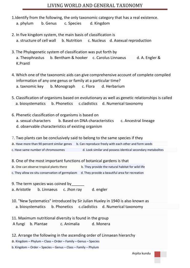 MCQ Question On General Taxonomy - Notes - LearnPick India