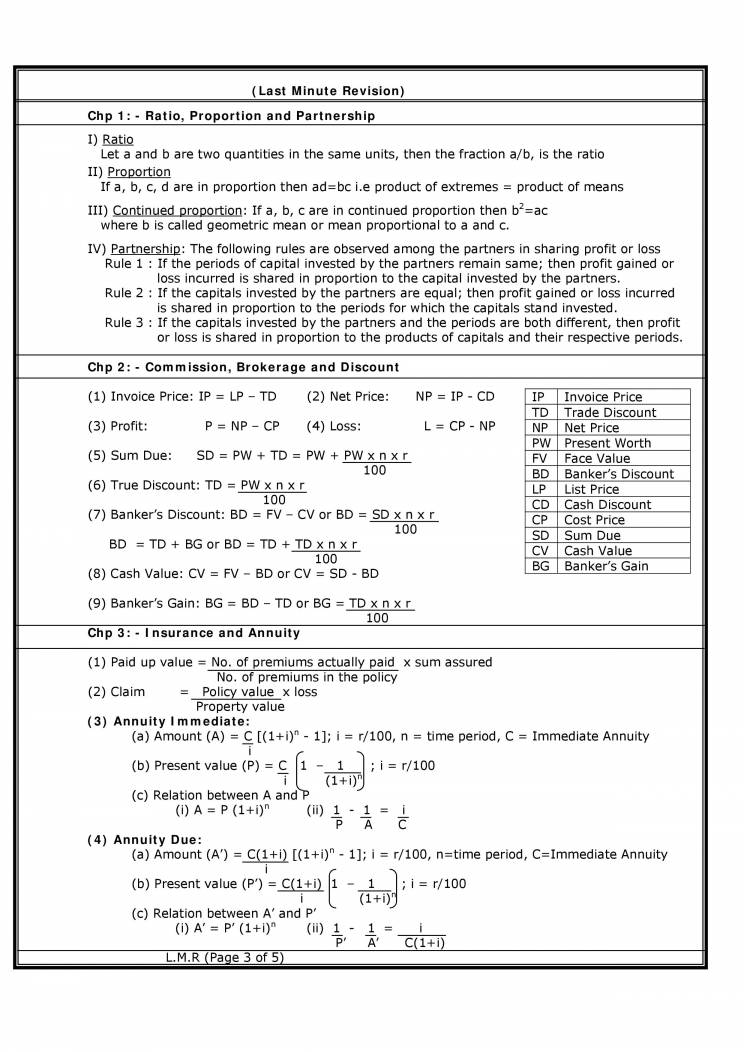 Maths XII Commerce LAST MINUTE REVISION - Notes - LearnPick India