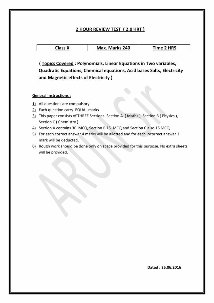 2 Hour Review Test (2.0 HRT), Class X - Notes - LearnPick India