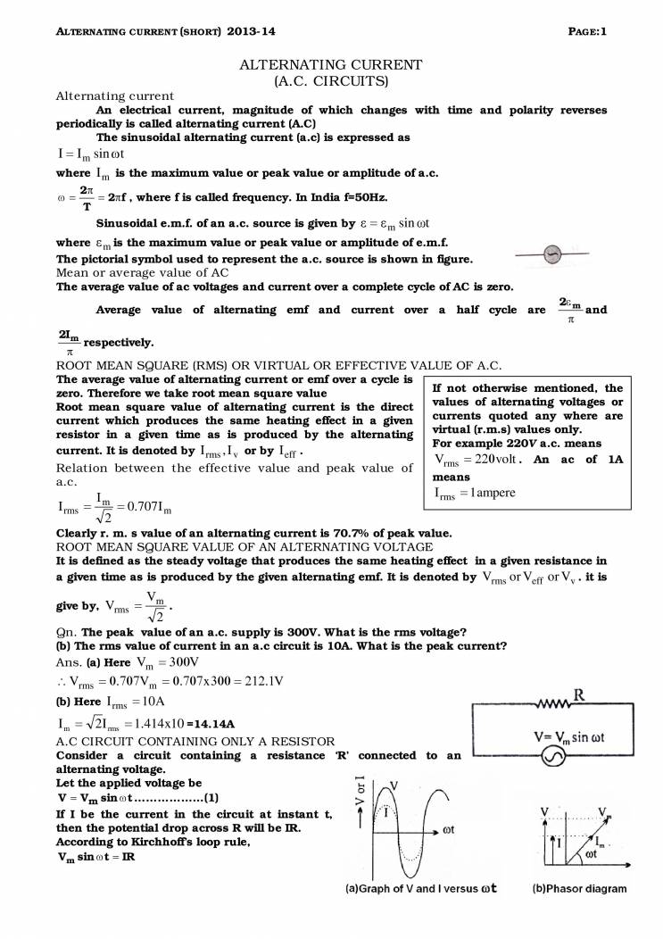 Alternating Current Short - Notes - LearnPick India