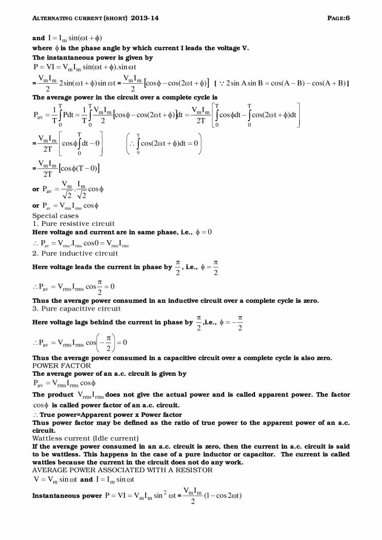 Alternating Current Short - Notes - LearnPick India