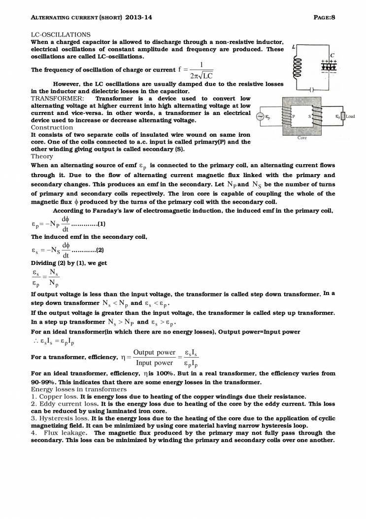 Alternating Current Short - Notes - LearnPick India