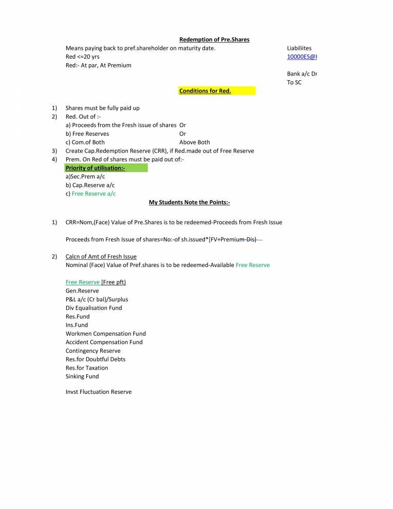 Redemption Of Pref. Shares - Notes - LearnPick India