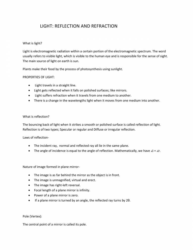 Class 10 Reflection And Refraction Of Light - Notes - LearnPick India