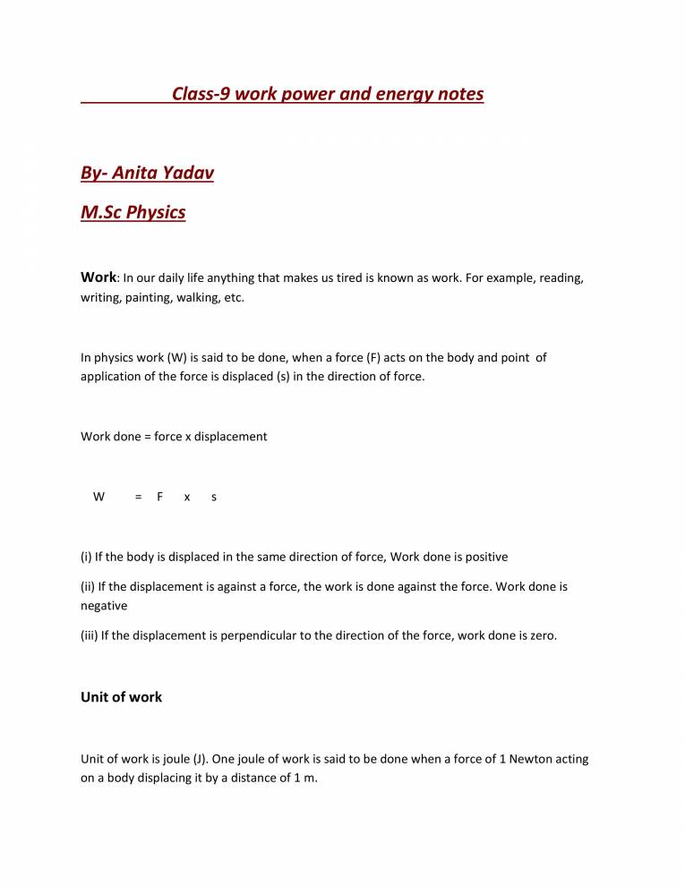 Work Power And Energy - Notes - LearnPick India