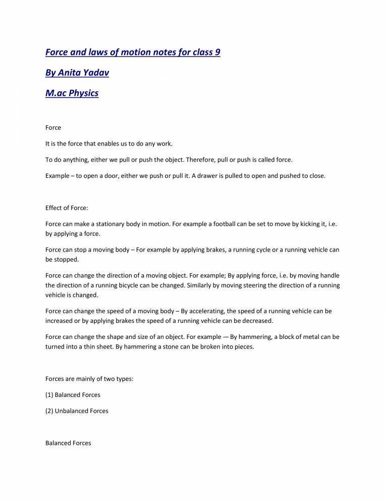 Force And Laws Of Motion - Notes - LearnPick India