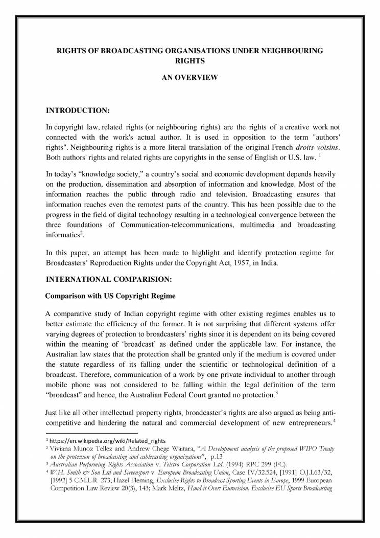 Rights Of Broadcasting Organizations Under Neighbouring Rights - Notes ...